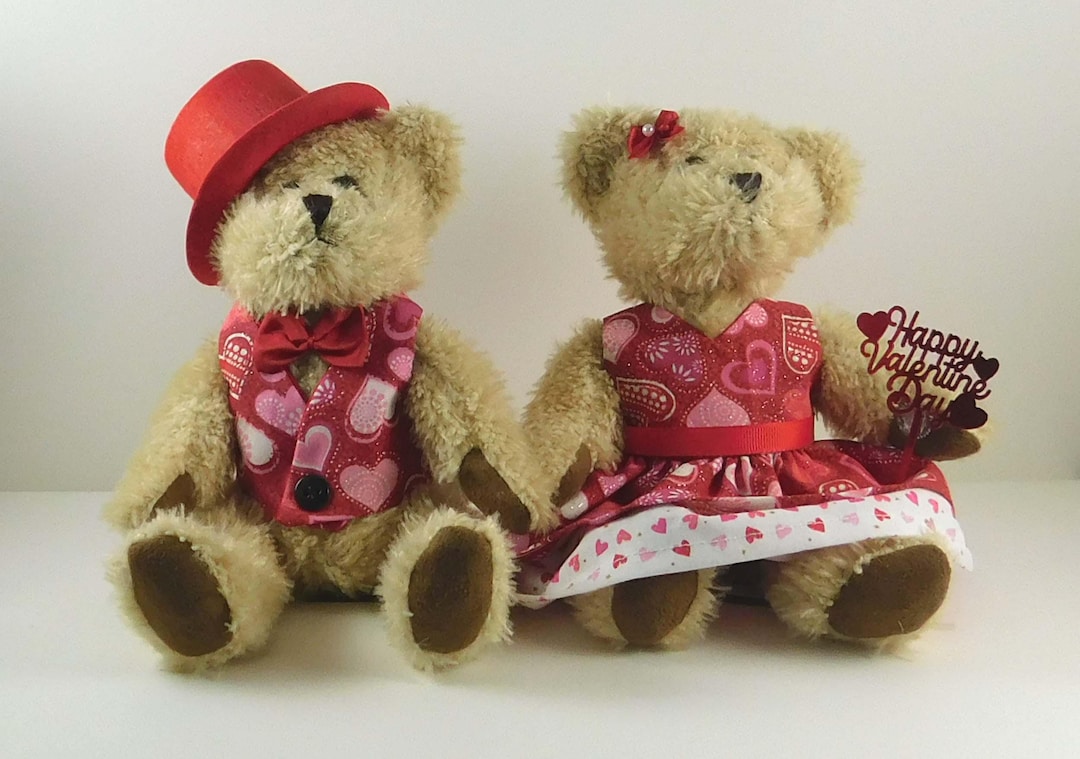 Valentine Teddy Bear Couple, Red Heart Dress and Vest, 6 Inch Plush ...