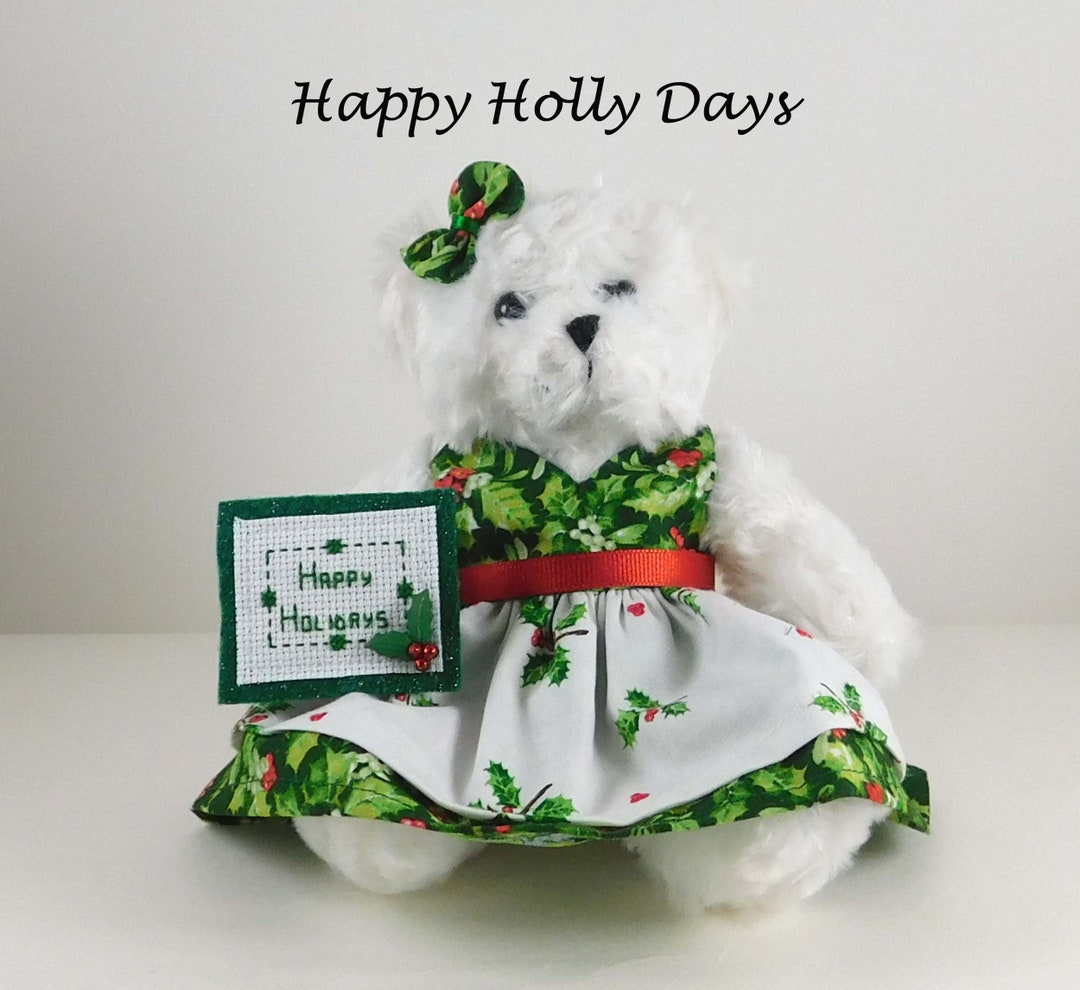 Christmas Teddy Bear Decor: Plush Holiday Bear in Holly Dress - Etsy