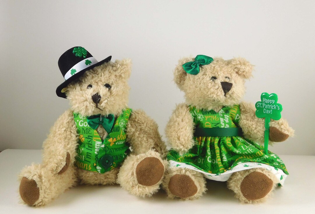 St Patricks Day Décor, Dressed Bears in Irish Lingo Fabric, Shamrocks ...