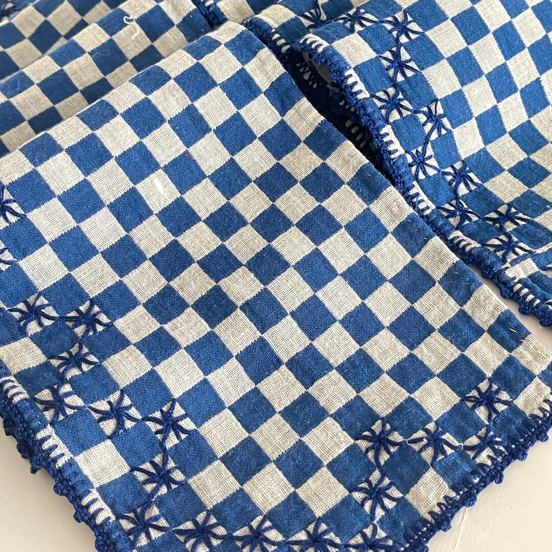 French Antique Checkerboard Linen Border, Damier Cloth, Craft Fabric ...