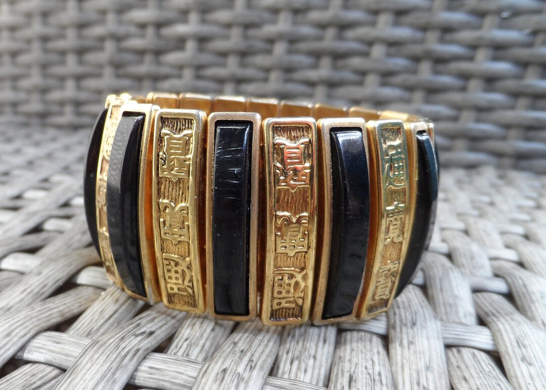 1960s Metal Expanding Bracelet, Asian Design and Black Panel Inserts - Etsy