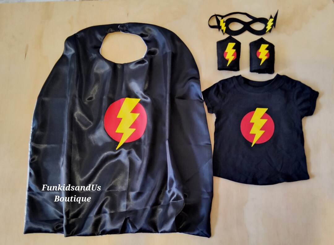 Lightning Bolt Superhero Costume Set: Cape, Mask, Cuffs & Shirt - Etsy