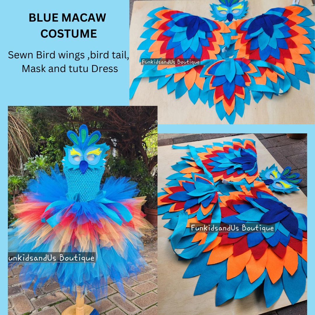 Blue Macaw Bird Costume for Kids, Wings, Tail, Mask & Tutu Dress ...