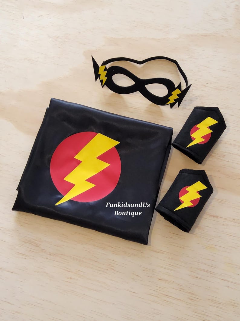 Lightning Bolt Hero Cape Set: Black Cape, Mask & Wristbands - Etsy