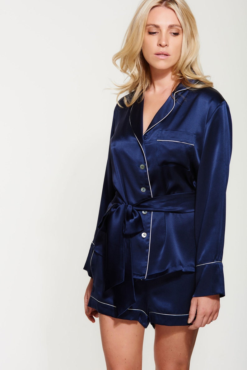 Women's Blue Silk Shirt and Shorts Pyjama Set 100% Silk Deep Blue - Etsy