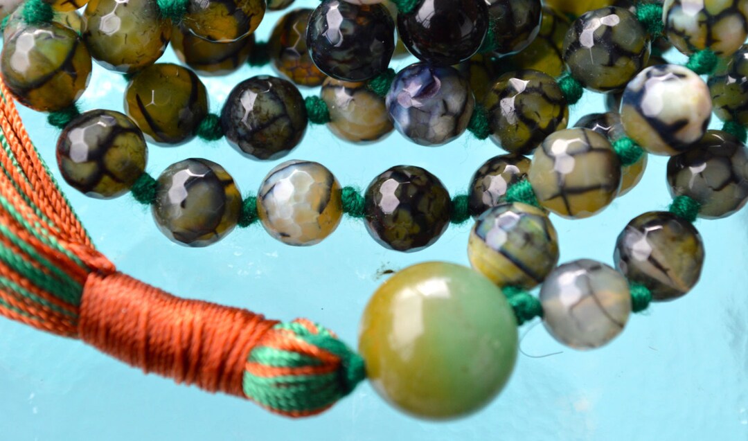 108 Beads Healing Mala Necklace, 7 Chakra Dragon Vein Agate Tassel ...