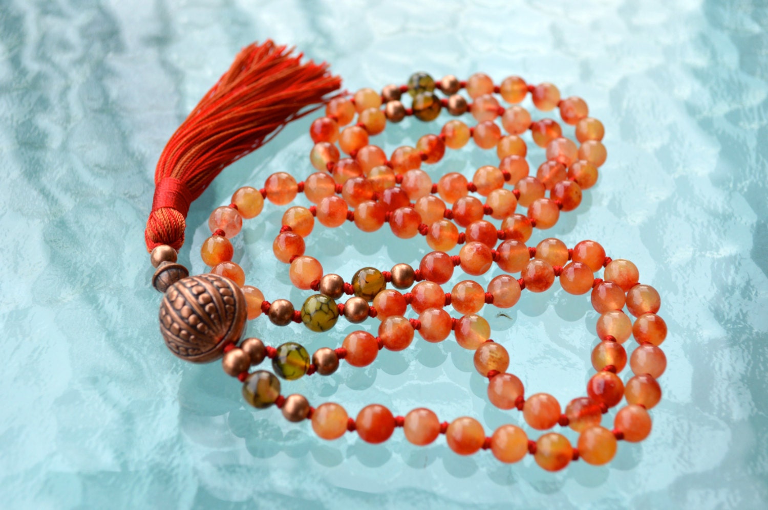 Orange Jade Agate & Copper Prayer Beads Hand Knotted Mala 8 Mm | Etsy