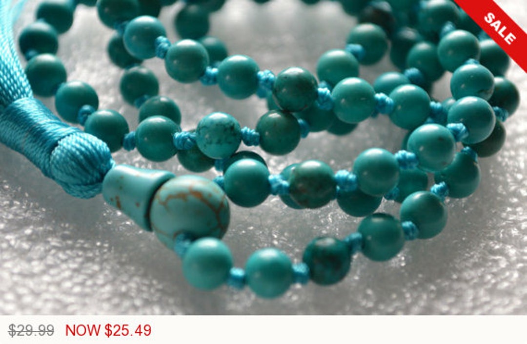 108 Turquoise Hand Knotted Mala Beads Necklace Energized Karma Nirvana ...