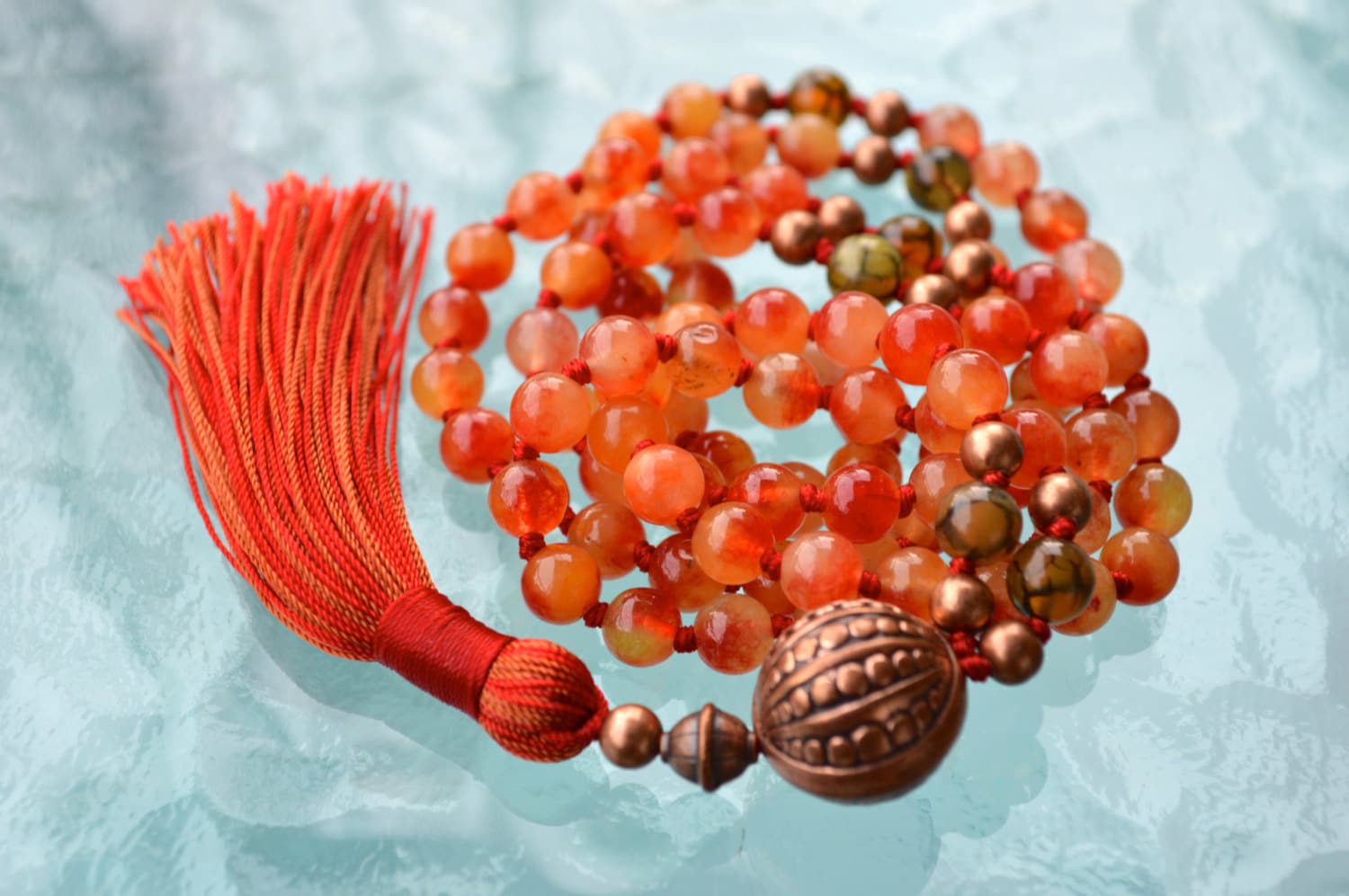 Orange Jade Agate & Copper Prayer Beads Hand Knotted Mala 8 Mm | Etsy