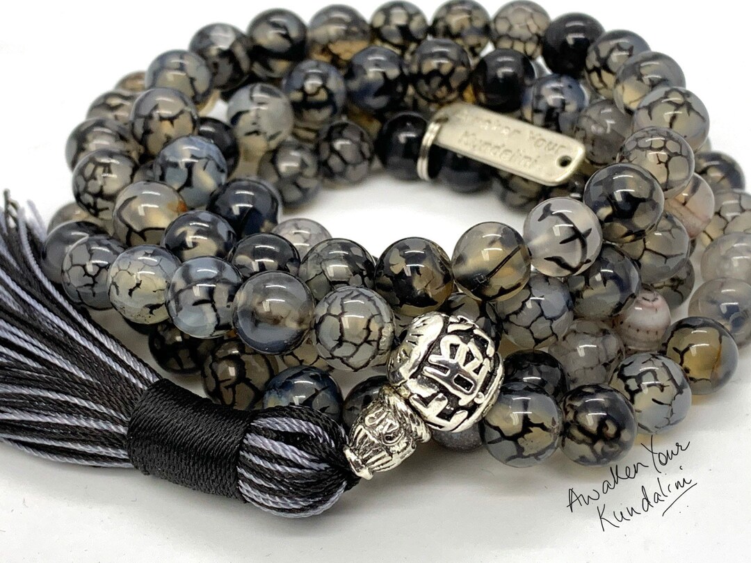 108 Beads Healing Mala Necklace, 7 Chakra Dragon Vein Agate Tassel ...