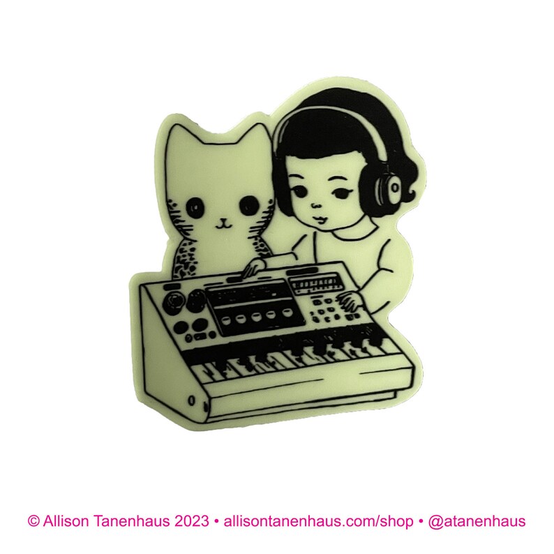Glow-in-the-dark Analog Synth Girl Cat Sticker. Vinyl Kitty Sticker ...
