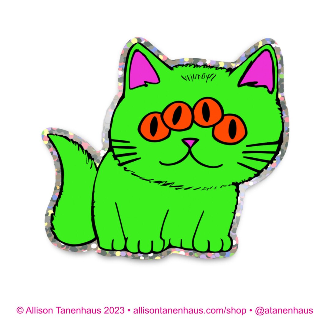 Glittering Green Alien Cat. Vinyl Kitty Sticker. Cat Laptop Sticker ...