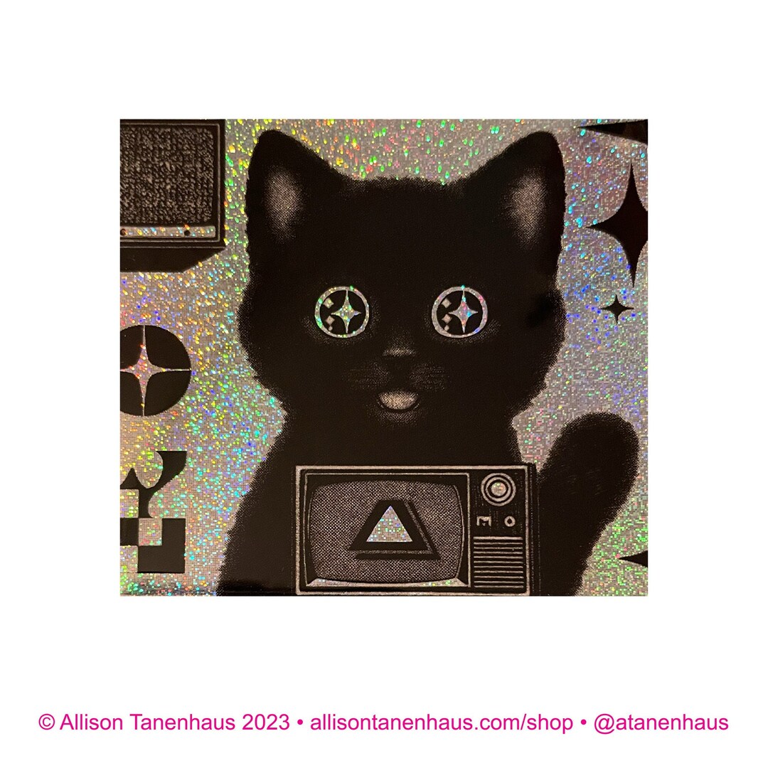 Glitter Black Cat TV Sticker. Vinyl Kitty Sticker. Cat Laptop Sticker ...
