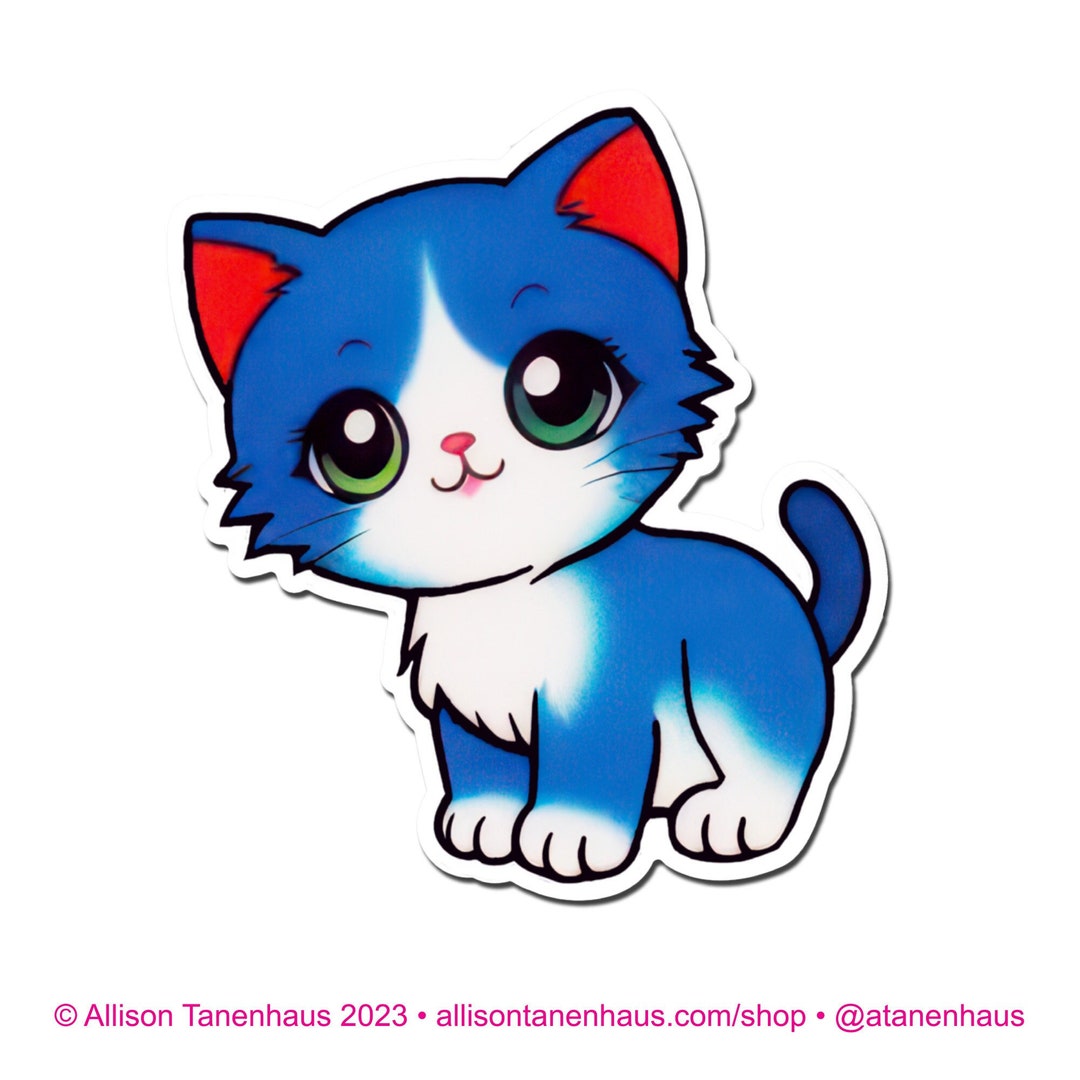 Blue Classic Cartoon Cat Sticker. Vinyl Kitty Sticker. Anime Cat Laptop ...