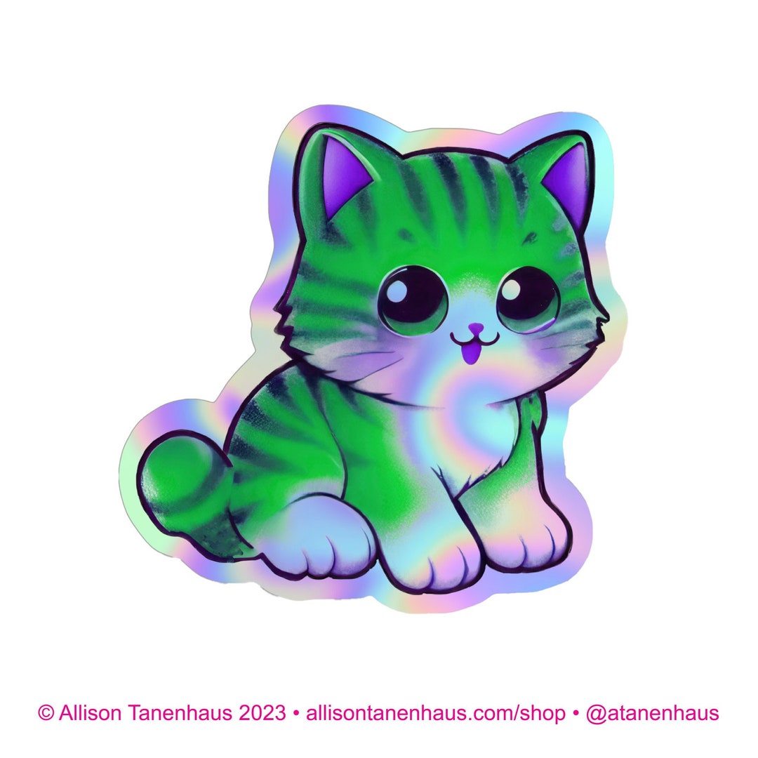 Hologram Fairytale Green Cat Sticker. Vinyl Kitty Sticker. Magic Cat ...