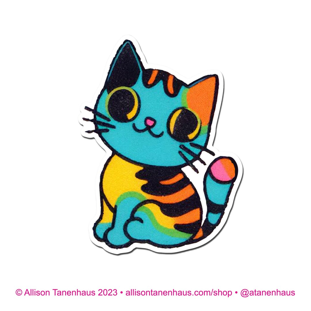 Blue Pastel Cartoon Cat Sticker. Vinyl Kitty Sticker. Cat Drawing ...