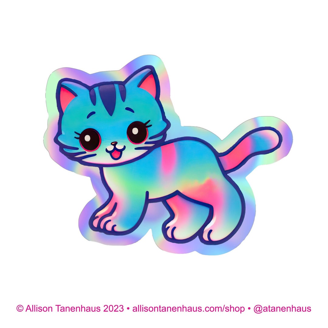 Holographic Pink Blue Cat Sticker. Kitty Sticker. Cat Laptop Sticker ...