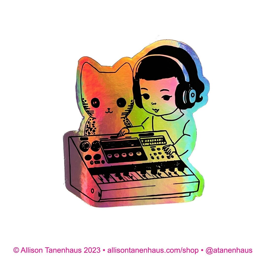 Holographic Analog Synth Girl Cat Sticker. Vinyl Kitty Sticker. Cat ...