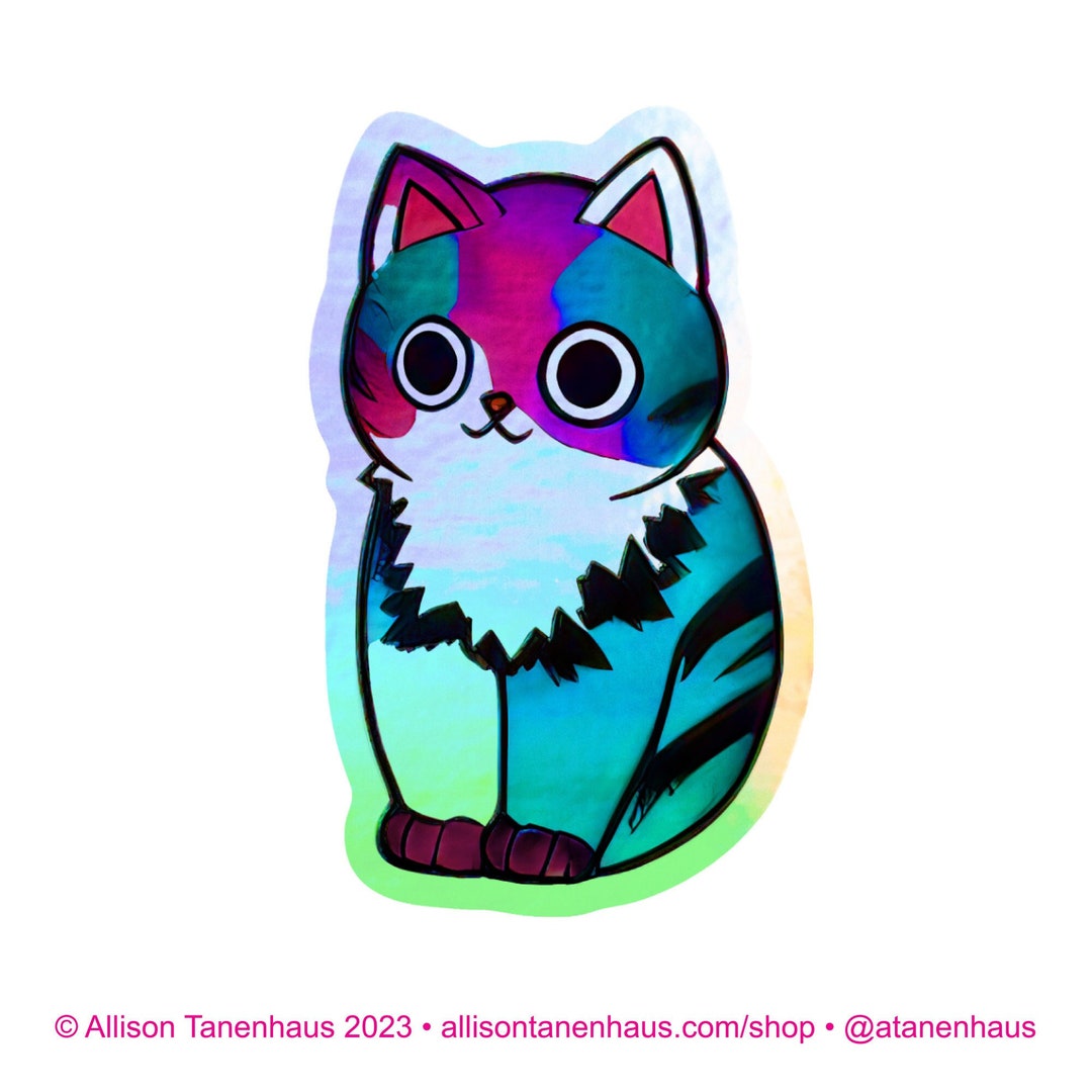 Holographic Punk Pink Blue Cat Sticker. Kitty Sticker. Cat Laptop ...