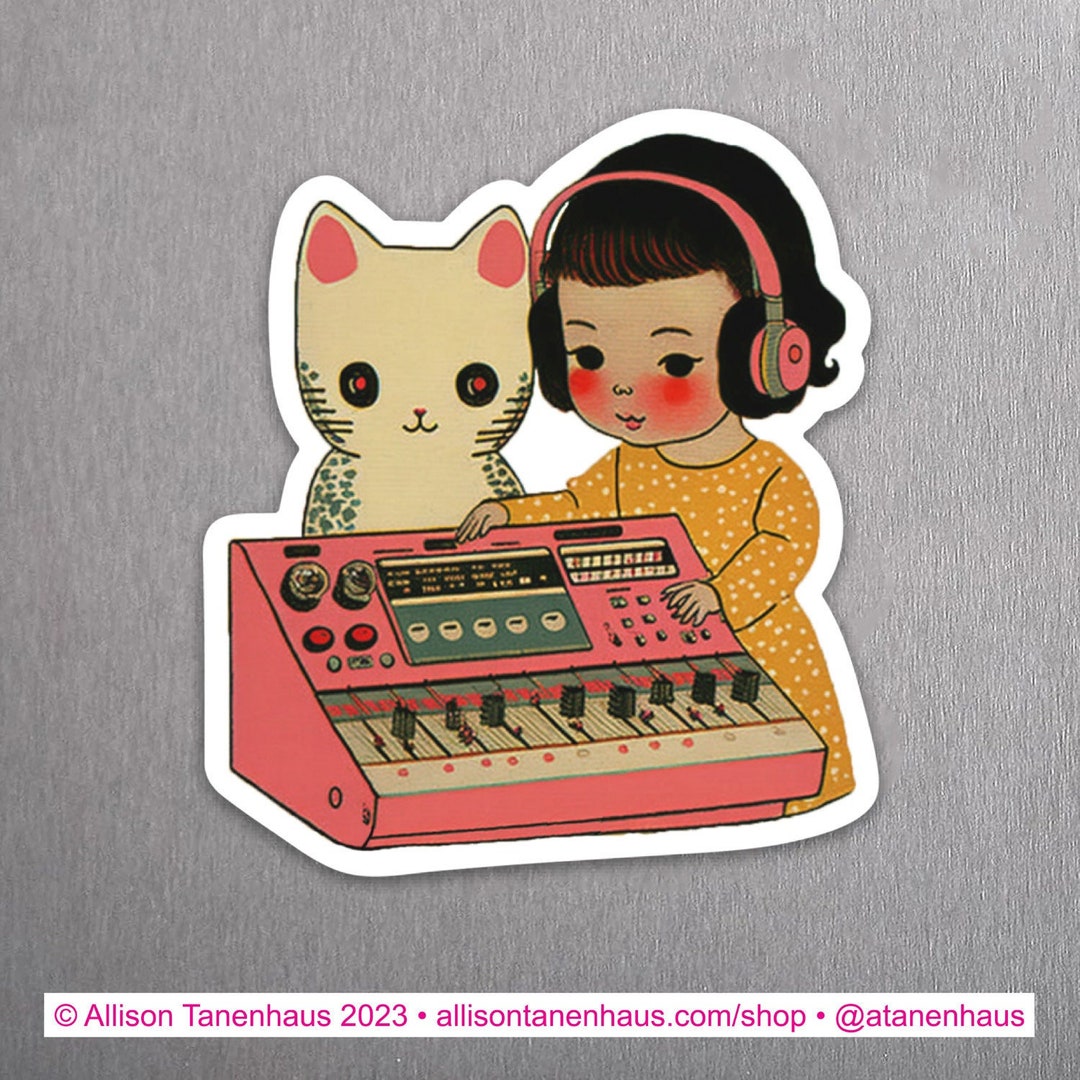 Analog Synth Girl Cat Magnet. Vinyl Kitty Magnet. Cat Refrigerator ...
