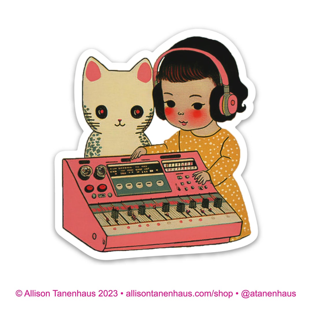 Analog Synth Girl Cat Sticker. Vinyl Kitty Sticker. Cat Laptop Sticker ...