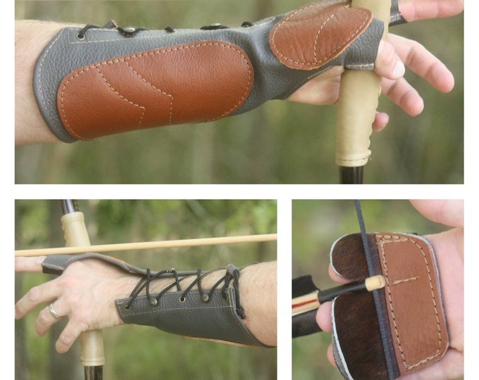 Gray and Tan Leather Arm Guard and Finger Shooting Tab. Left Hand ...