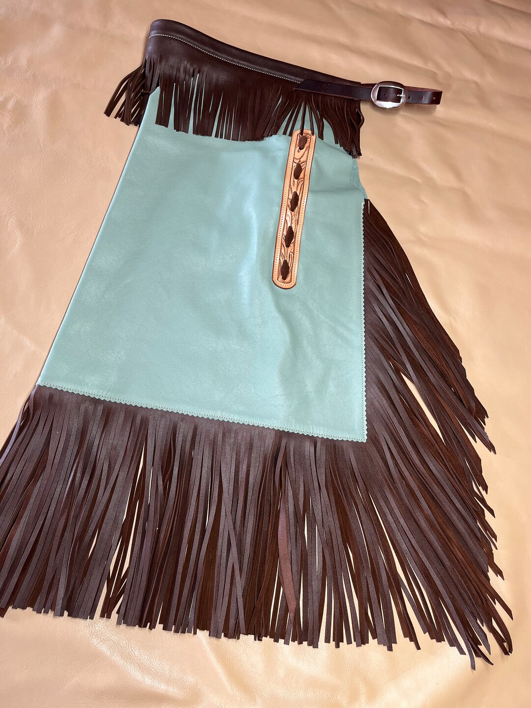 Sage Armitas With Tooled Shield. Brown Accent Fringe and Waist Fringe ...
