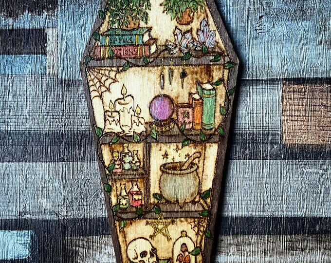 Witch’s Bookshelves Pyrography Art, Woodburning, Coffin Shaped Wood Art ...