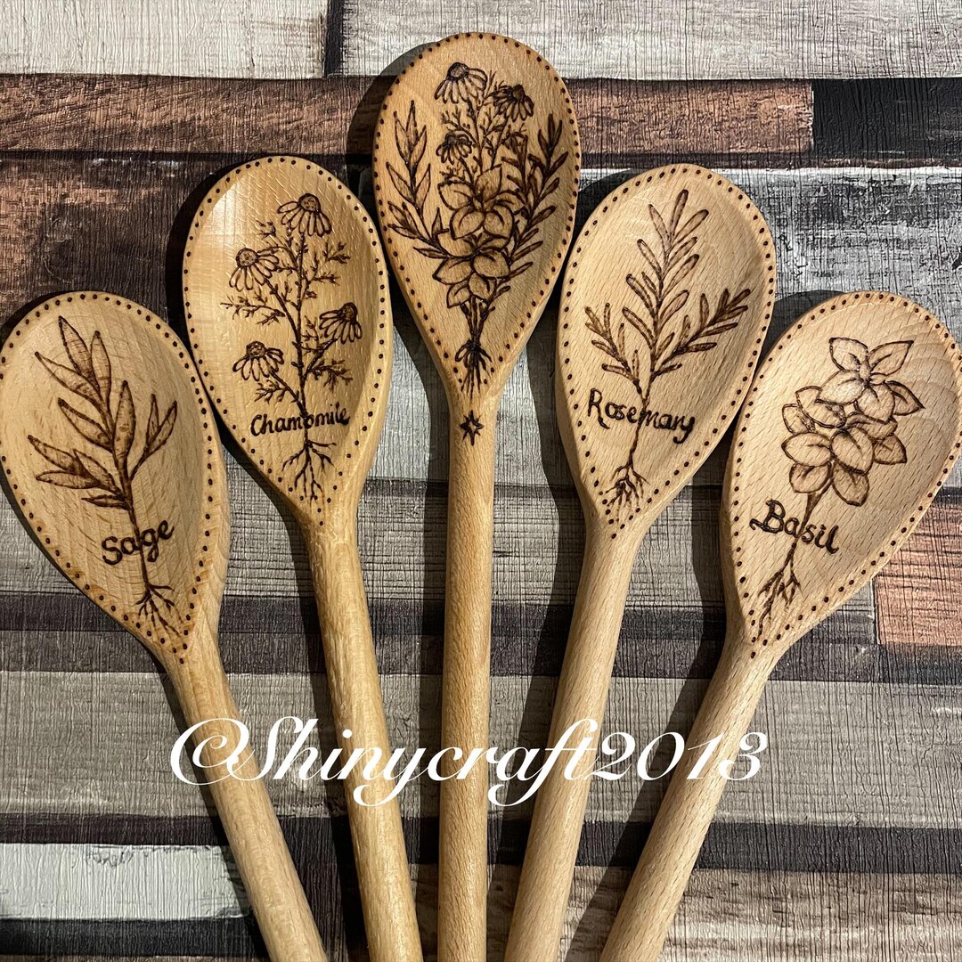 Wooden Spoon With Herb Design Pyrography Woodburning Kitchen Decor - Etsy