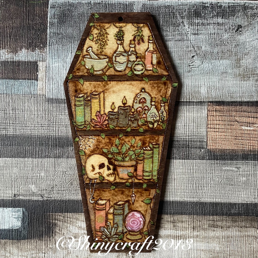 Witchs Bookshelves Pyrography Art Woodburning Coffin Shaped - Etsy