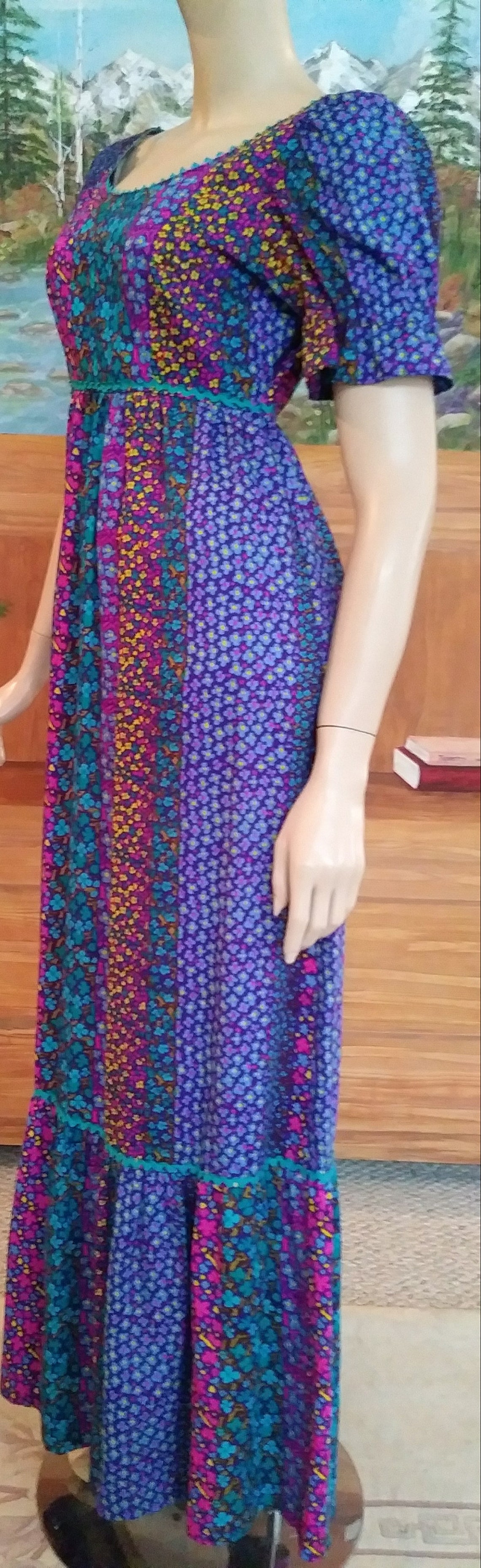 Flower Power Vintage 60s/70s Maxi Dress/hippie Boho Cotton/blue Pink ...