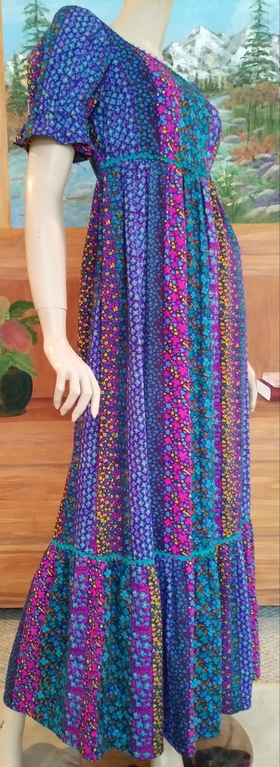 Flower Power Vintage 60s/70s Maxi Dress/hippie Boho Cotton/blue Pink ...