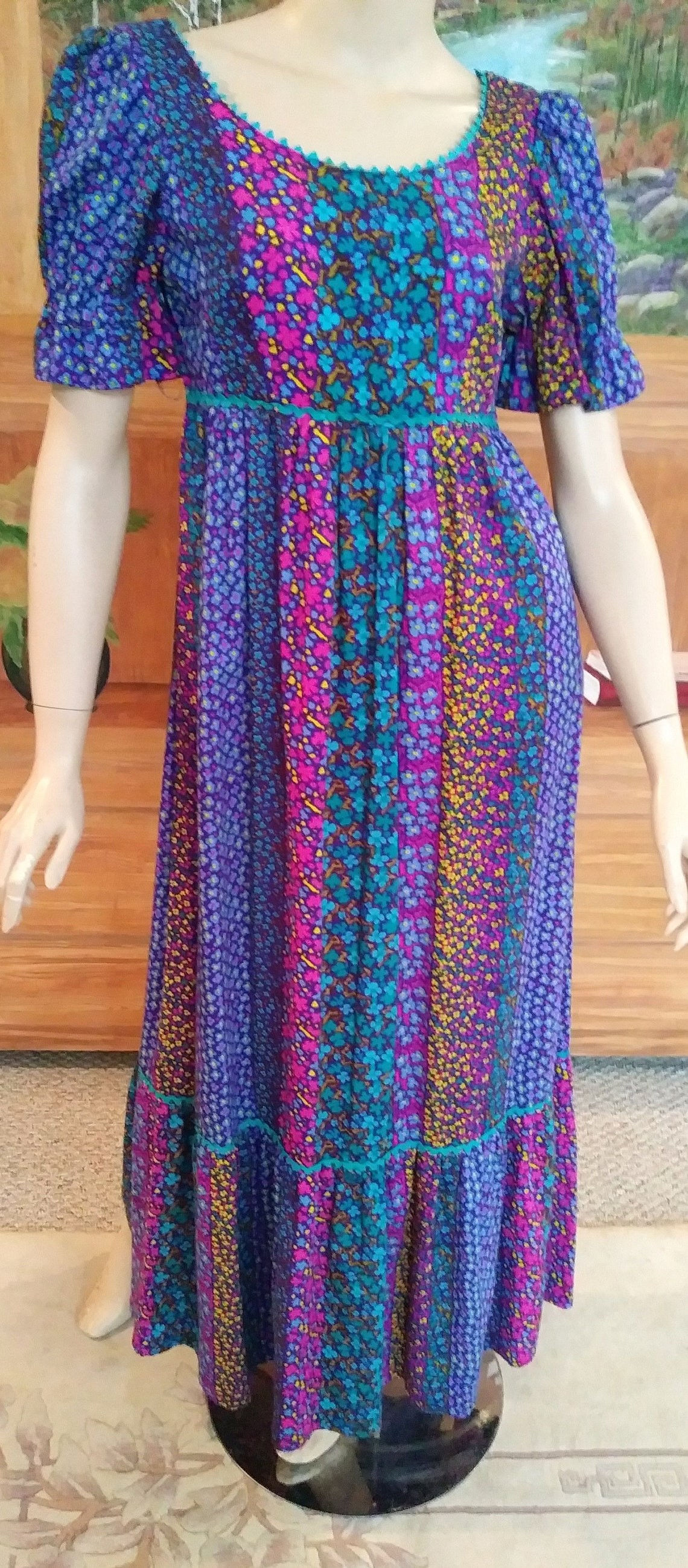 Flower Power Vintage 60s/70s Maxi Dress/hippie Boho Cotton/blue Pink ...