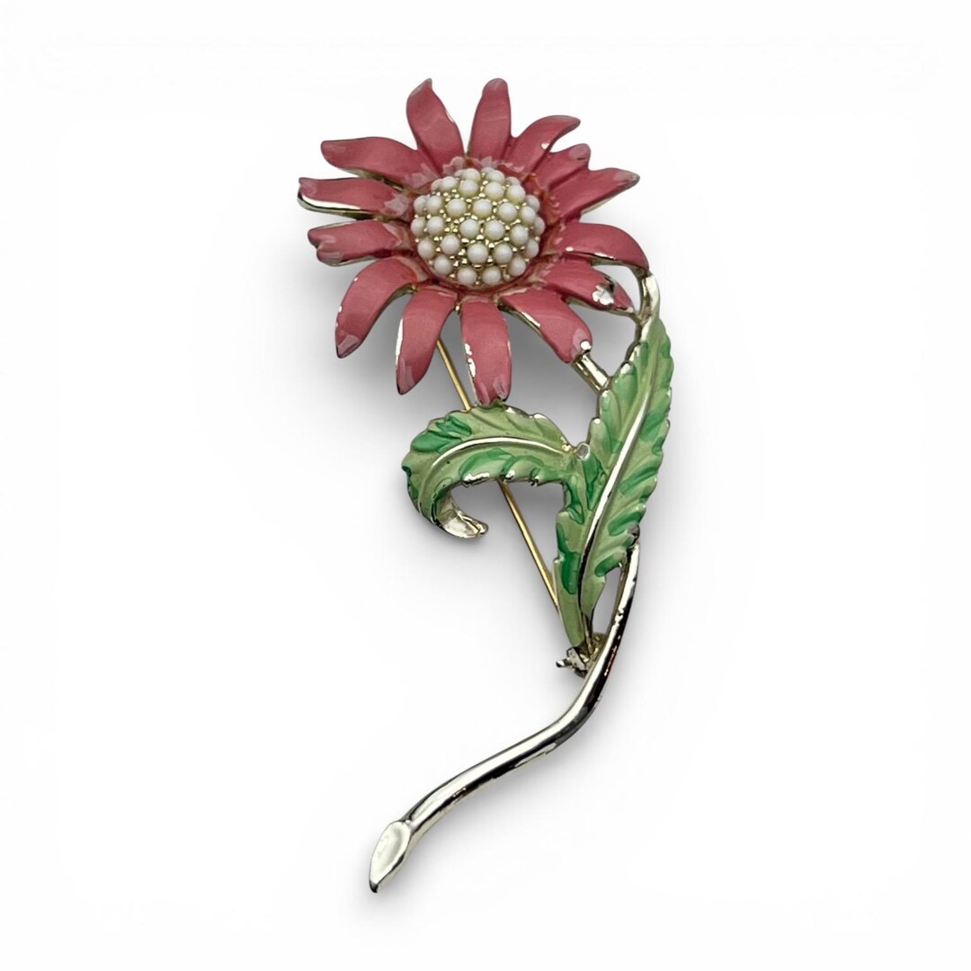Vintage Charel Flower Brooch | Pink Enamel, Seed Pearl Center - Etsy