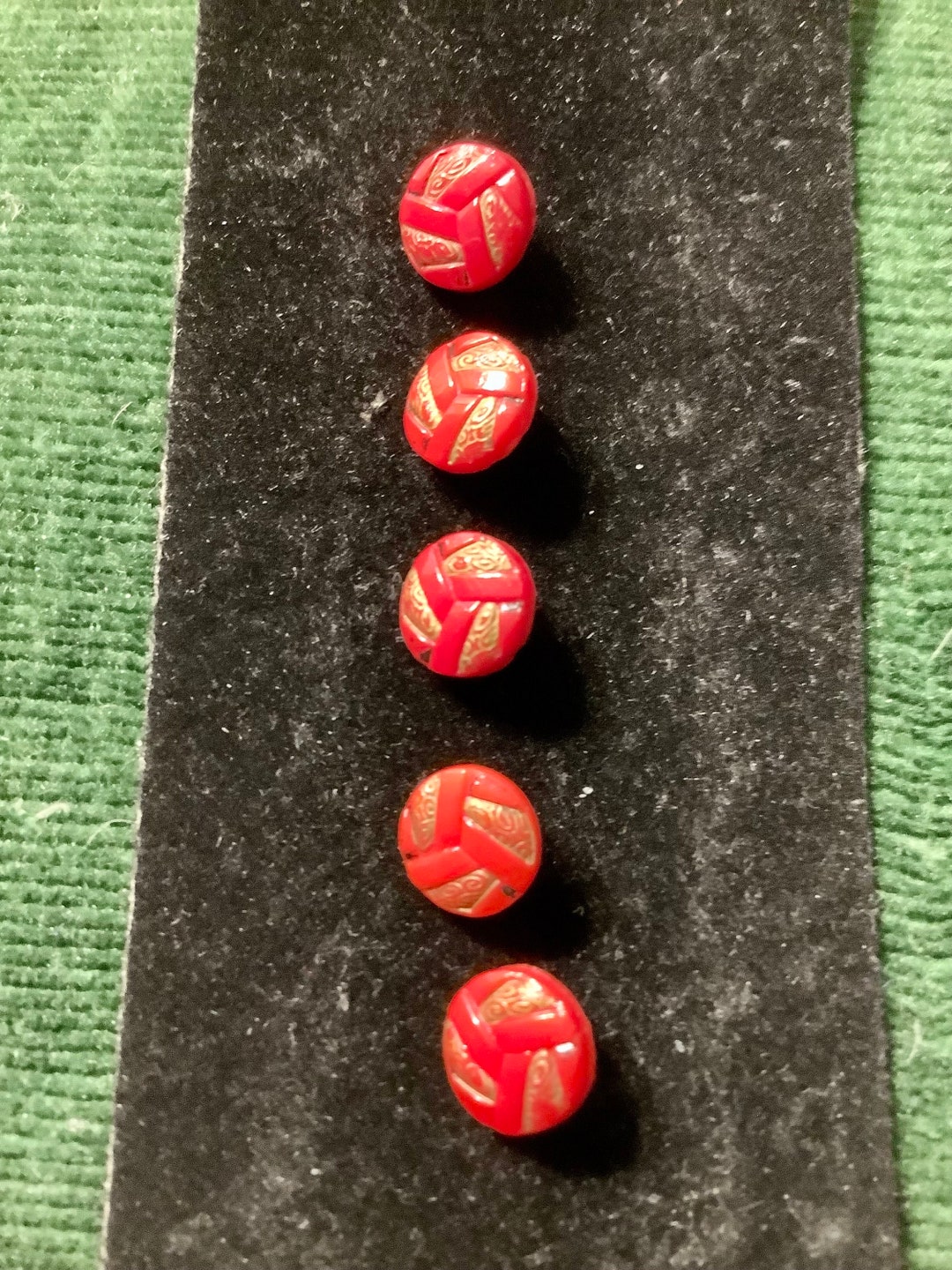 Set of Five Small Red Glass Buttons. Some Gold Trim Still There. Round ...