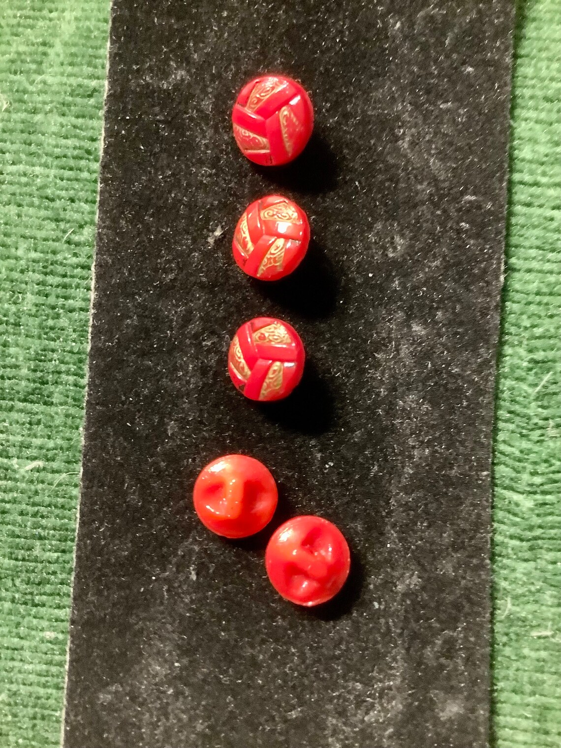 Set of Five Small Red Glass Buttons. Some Gold Trim Still There. Round ...