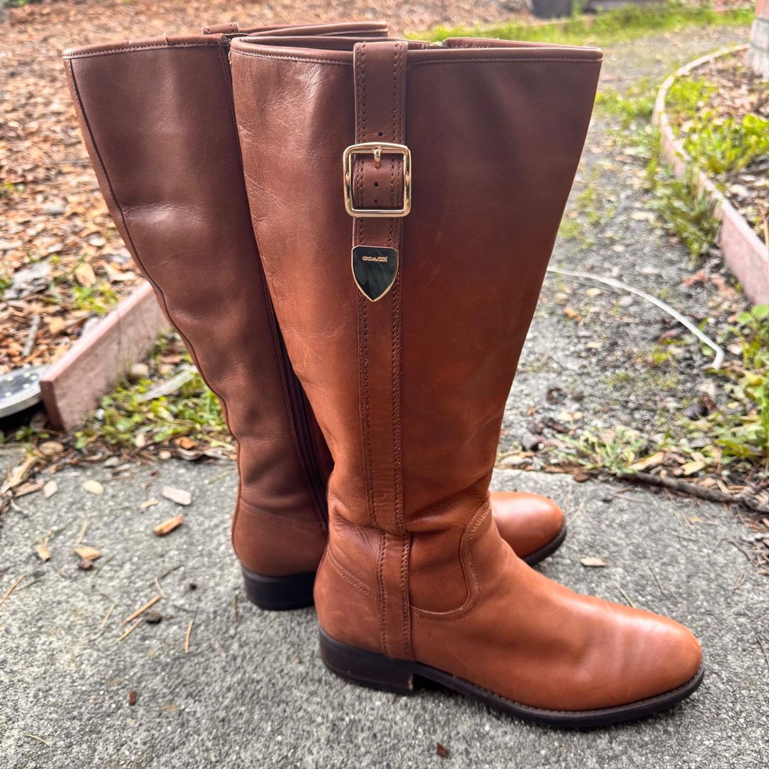 Coach Easton Extended Calf Leather Riding Boots Tan Buckle Zip Women's ...