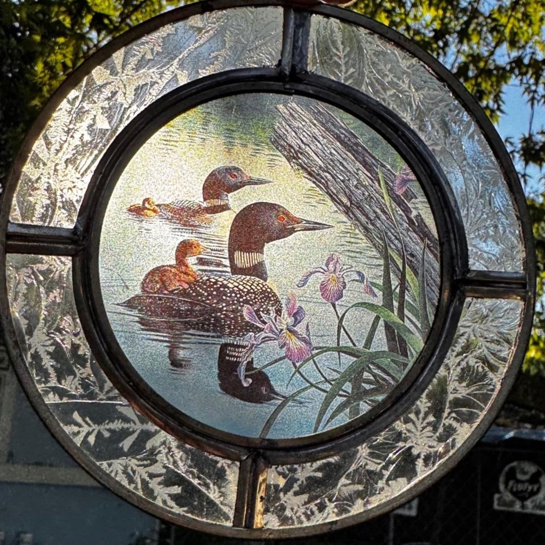 Vintage Round Stained Glass Loons Wall Decor Hanging Art- Print Painted ...
