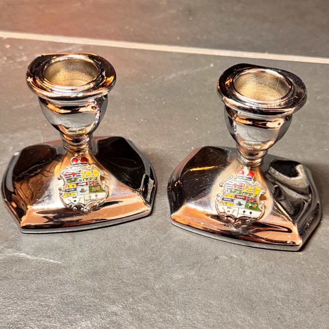 Vintage BP 2426 Silver Plated Crest Candlesticks Pair W/ Canadian Coat ...