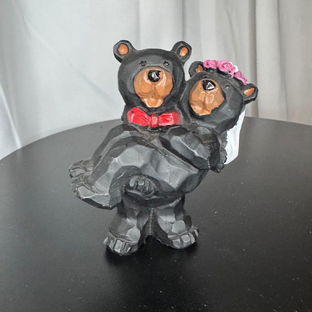 VTG Wooden Wedding Bears Figurine Bride and Groom Black Bear Decoration ...