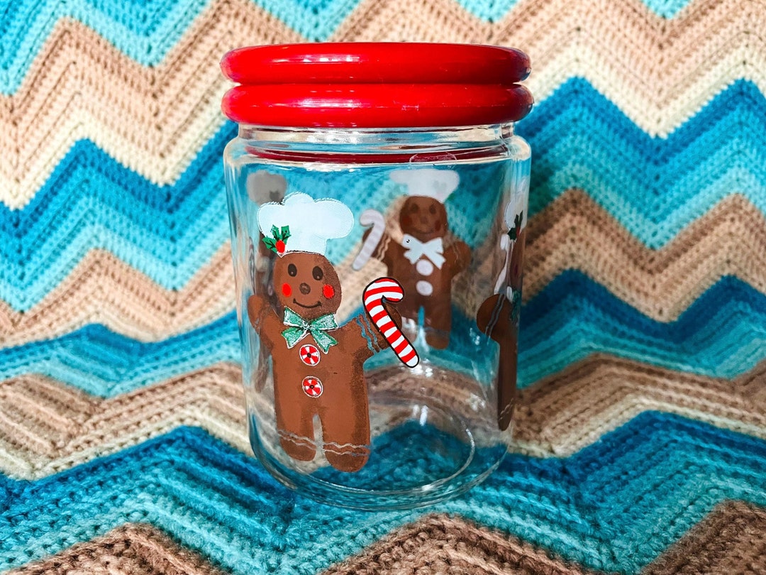 Vintage Glass Gingerbread Man Canister Red Lid Retro Holiday Kitchen ...