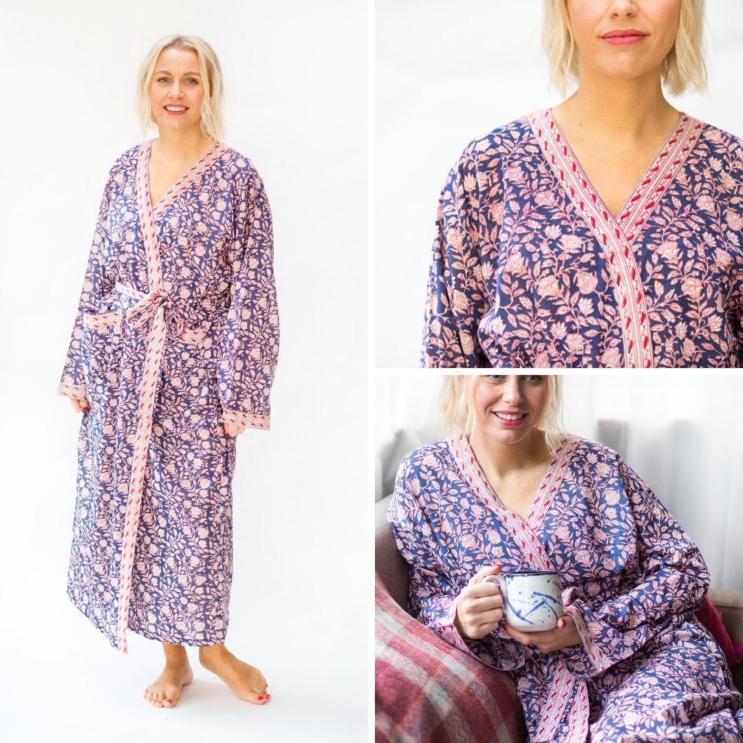 Long Hand Block Print Kimono Robe in Dark Blue Print / Ankle Length ...