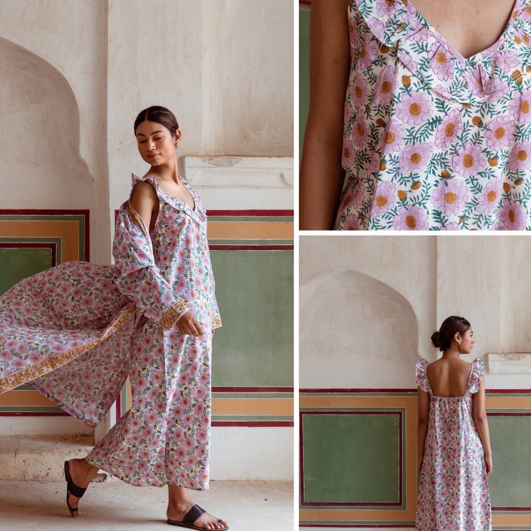 Pink Daisy Cotton Nightdress in Floral Block Print / Colourful ...