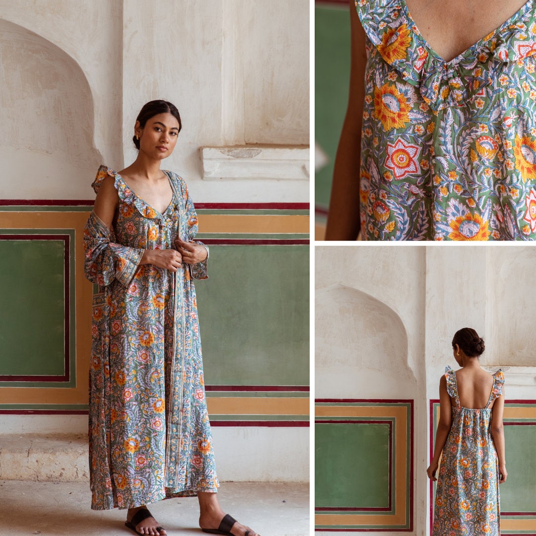 Green & Ginger Cotton Nightdress in Floral Block Print / Colourful ...