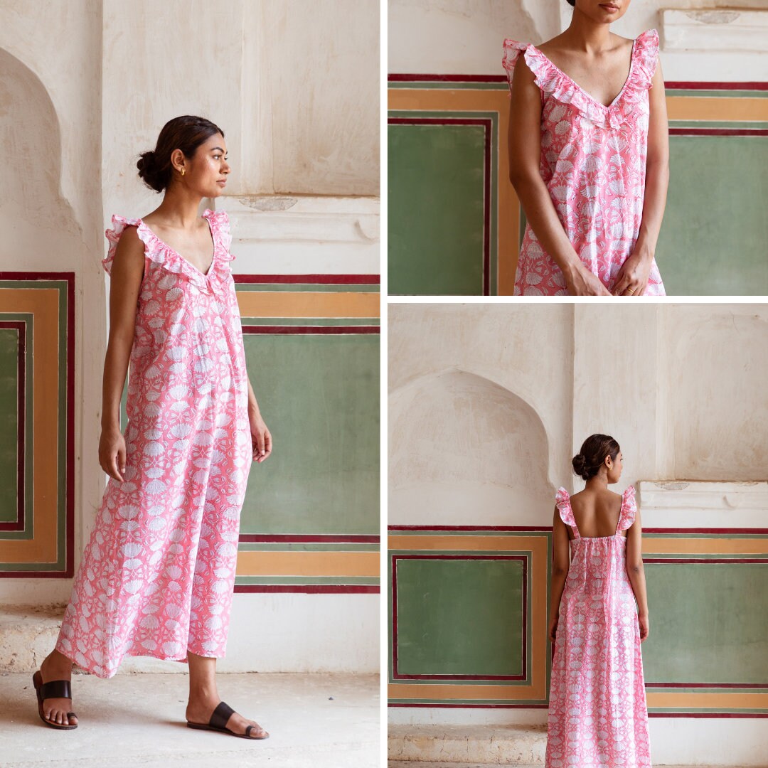 Pink Cotton Nightdress in Lotus Block Print / Colourful Lightweight ...
