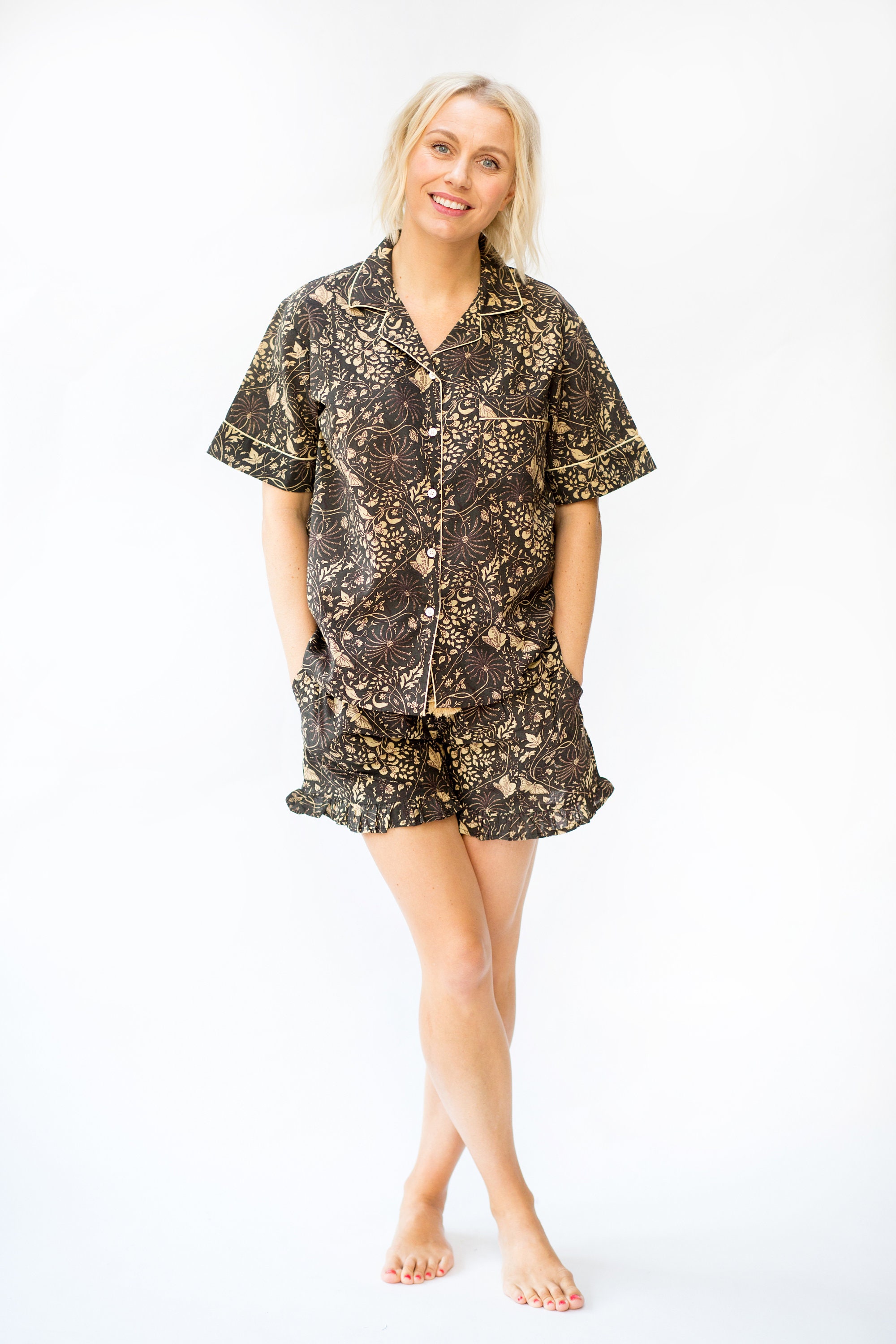 Short PJ Set in Slate Grey Floral Block Print / Cotton Pyjamas With ...