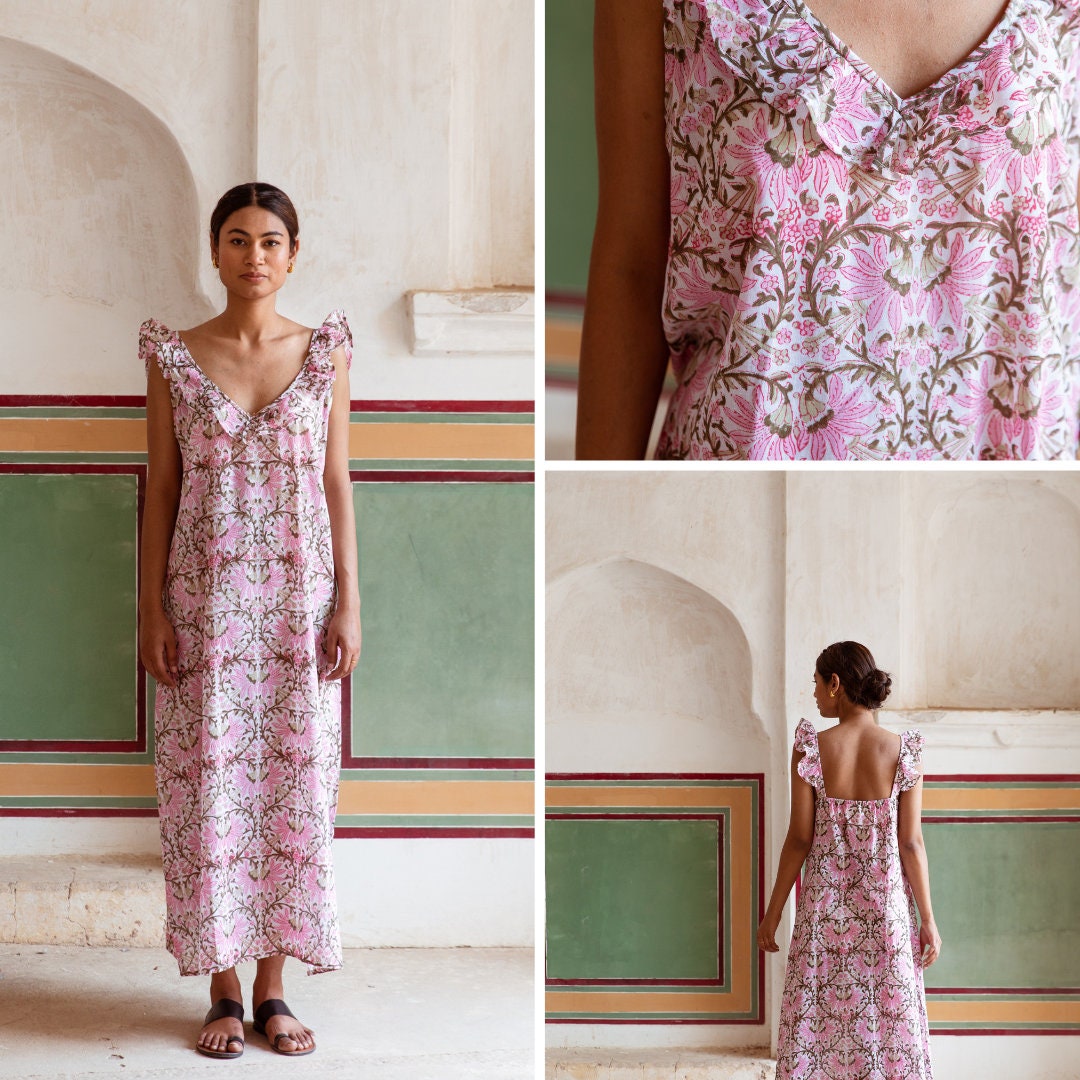 Soft Pink Cotton Nightdress in Floral Block Print / Colourful ...