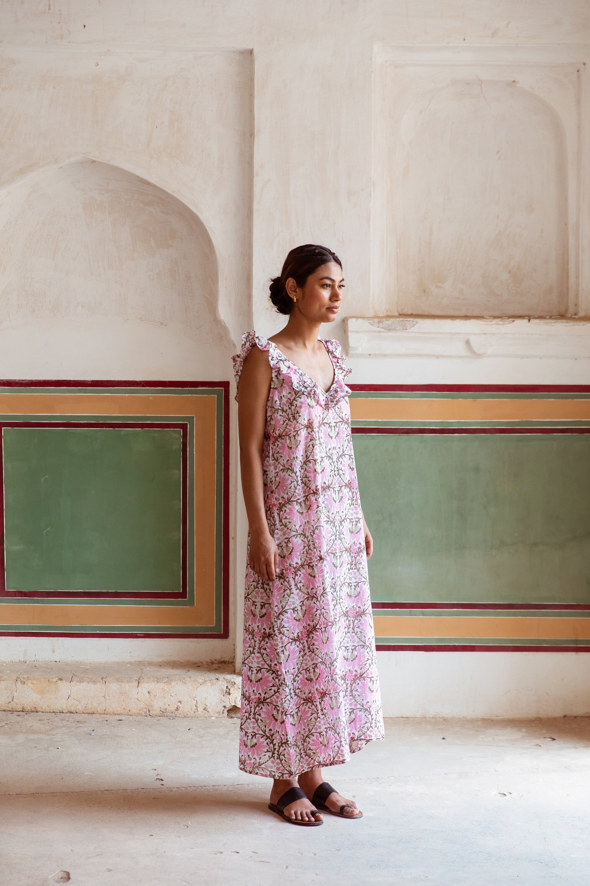 Soft Pink Cotton Nightdress in Floral Block Print / Colourful ...