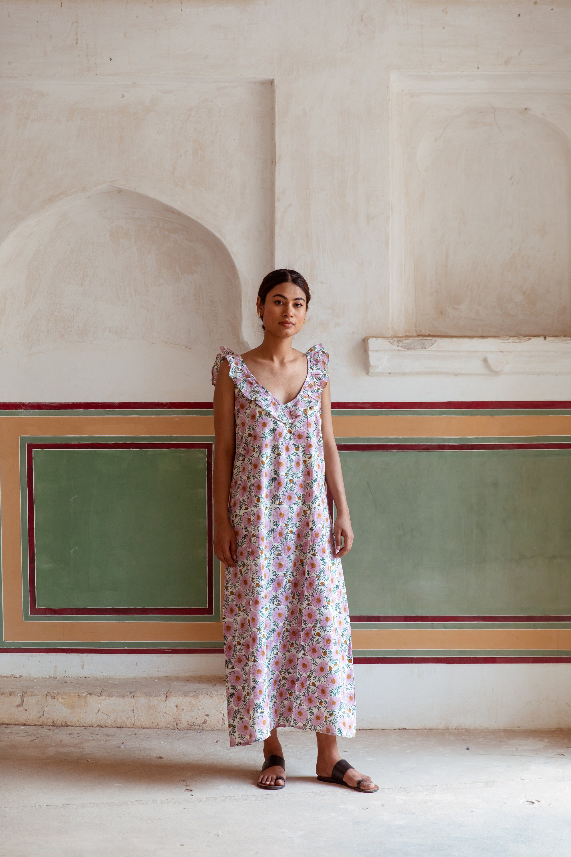 Pink Daisy Cotton Nightdress in Floral Block Print / Colourful ...