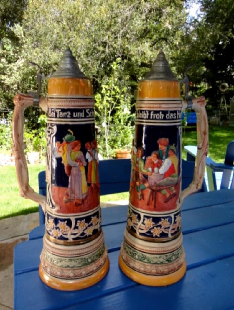 Antique German Beer Steins With Pewter Tops 22" High - Etsy